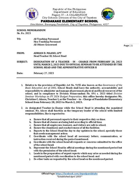 School Memorandum No 8 S 2023 Designation Of Ms Christine C Anoso As Teacher In Charge