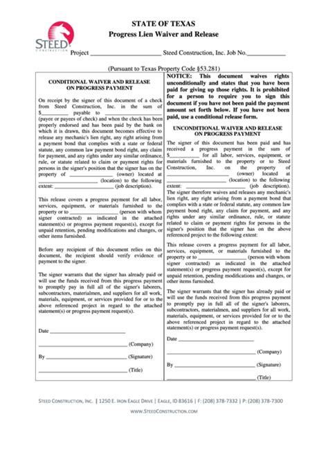 Fillable Texas Progress Lien Waiver And Release Form Printable Pdf Download