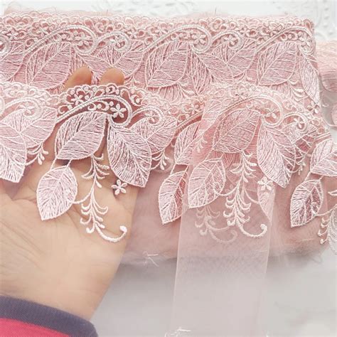 럭셔리 핑크 메쉬 자수 잎 얇은 명주 그물 레이스 원단 프린지 이븐 파티 드레스 인형 옷 바느질 액세서리 나이지리아 16cm 너비 Aliexpress