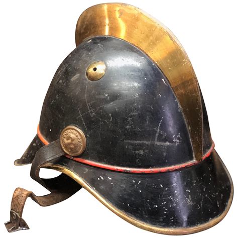 19th Century French Black Brass Firemens Helmet With Lions Heads At