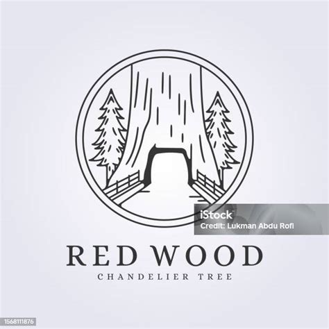 배지 라인 아트 샹들리에 나무 로고 레드 우드 아이코닉 심볼 벡터 일러스트레이션 디자인 레드우드 숲에 대한 스톡 벡터 아트 및 기타 이미지 레드우드 숲 미국 삼나무