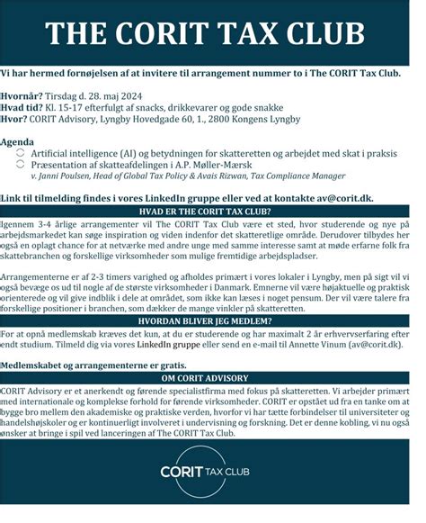 Vores Næste Møde I The Corit Tax Club Nærmer Sig Og Tilmelding Er Stadig Corit Advisory