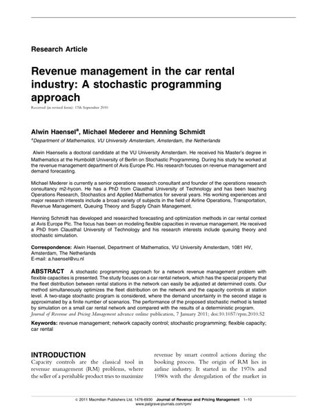 Pdf Revenue Management In The Car Rental Industry A Stochastic Programming Approach