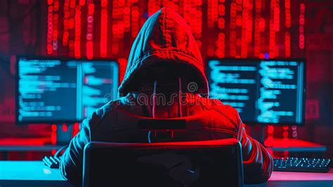 Hacker In Hoodie Using Multiple Monitors With Code Engaging In Cybersecurity Data Theft Or