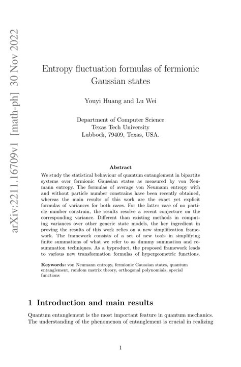 Pdf Entropy Fluctuation Formulas Of Fermionic Gaussian States
