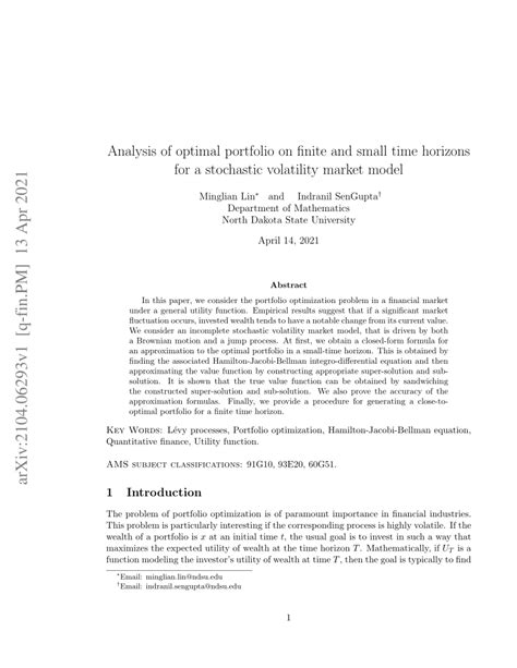Pdf Analysis Of Optimal Portfolio On Finite And Small Time Horizons For A Stochastic