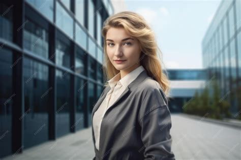 Premium Photo Young Shy Blonde Girl In Business Attire Standing In
