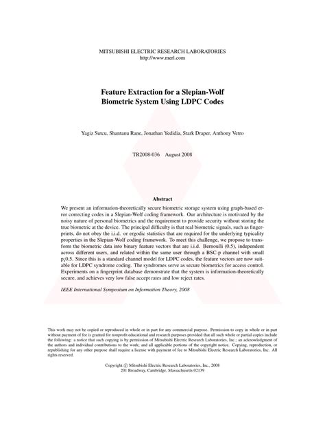 Pdf Feature Extraction For A Slepian Wolf Biometric System Using Ldpc Codes