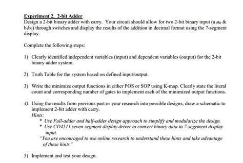 Solved Experiment 22 Bit Adder Design A 2 Bit Binary Adder With
