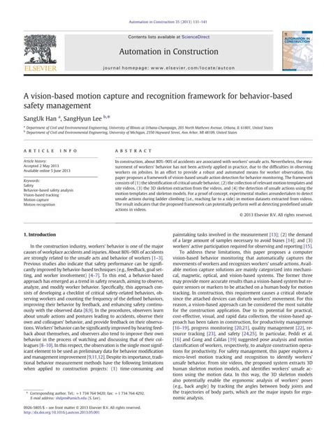 Pdf A Vision Based Motion Capture And Recognition Framework For Behavior Based Safety
