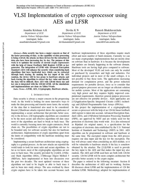Vlsi Implementation Of Crypto Coprocessor Using Aes And Lfsr Pdf