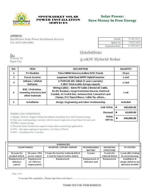 Quotation For A 5 0kw Hybrid Solar Power System Installation In Iligan City Pdf Solar Panel