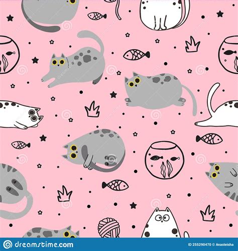 Seamless Pattern With Cute Cartoon Cats Great For Fabric Textile Vector Illustration Stock