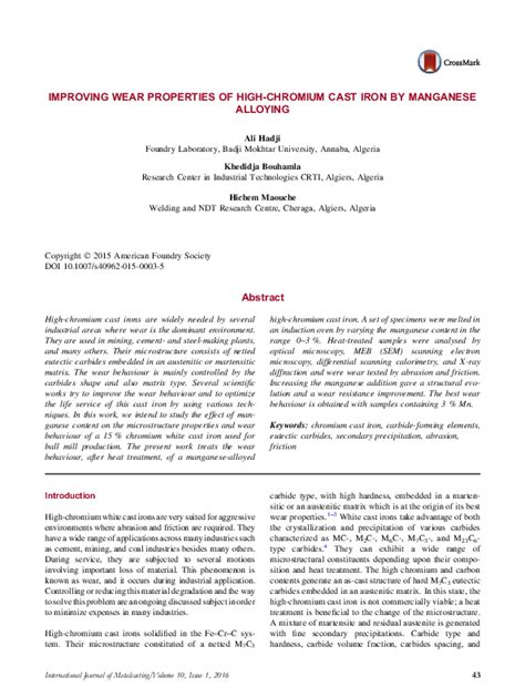 Pdf Improving Wear Properties Of High Chromium Cast Iron By Manganese Alloying Hichem