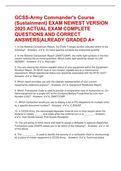 Gcss Army Commanders Course Sustainment Exam Newest Version 2025 Actual Exam Complete