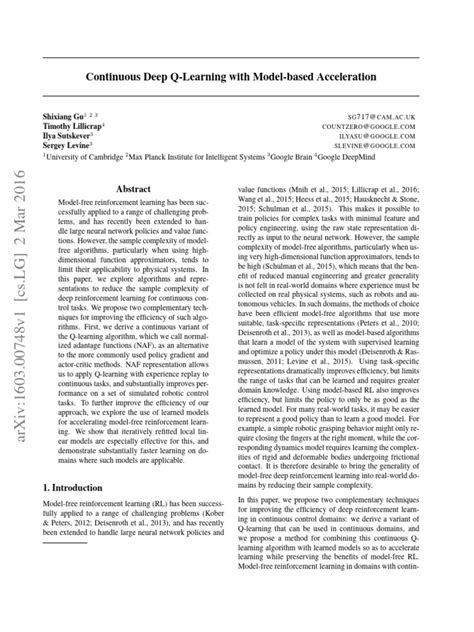 Continuous Deep Q Learning With Model Based Acceleration Pdf Artificial Neural Network