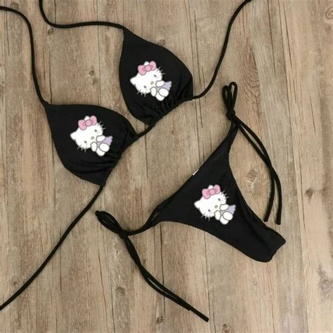2pcs Hello Kitty Bikini Set Kawaii Sanrio Cute Printed Underwear Anime Sexy Women Swimwear