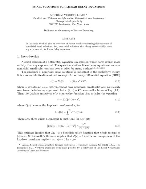 Pdf Small Solutions For Linear Delay Equations