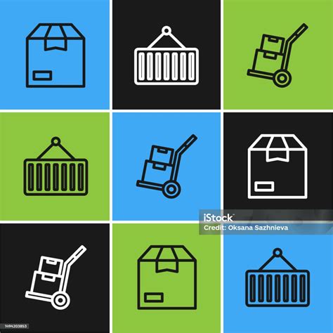 라인 판지 판지 상자 핸드 트럭 및 상자 및 컨테이너 크레인 아이콘을 설정합니다 벡터 걸이 장비에 대한 스톡 벡터 아트 및 기타