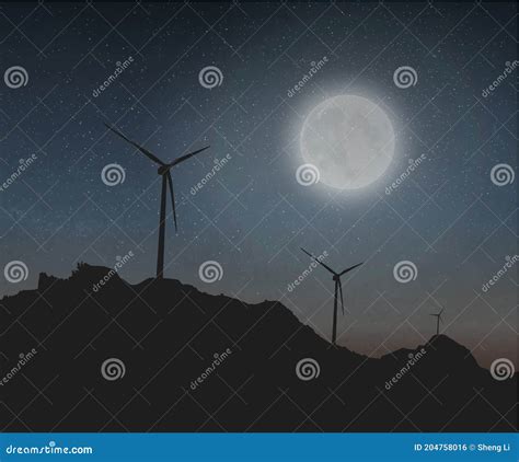 The Wind Driven Power Generators Under The Moonlight Stock Vector Illustration Of Driven