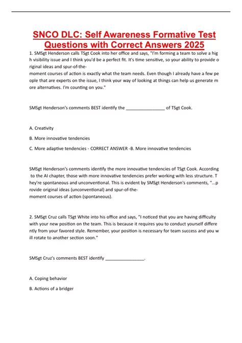 Snco Dlc Self Awareness Formative Test Questions With Correct Answers 2025 Snco Stuvia Us