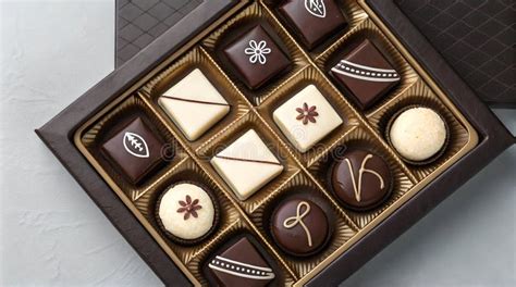 Assorted Chocolates In A Box With Decorative Designs And A Golden Liner
