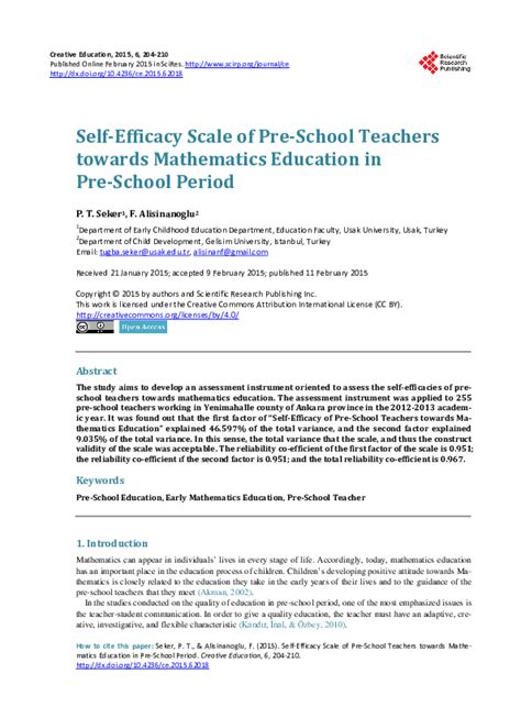 Pdf Self Efficacy Scale Of Pre School Teachers Towards Mathematics