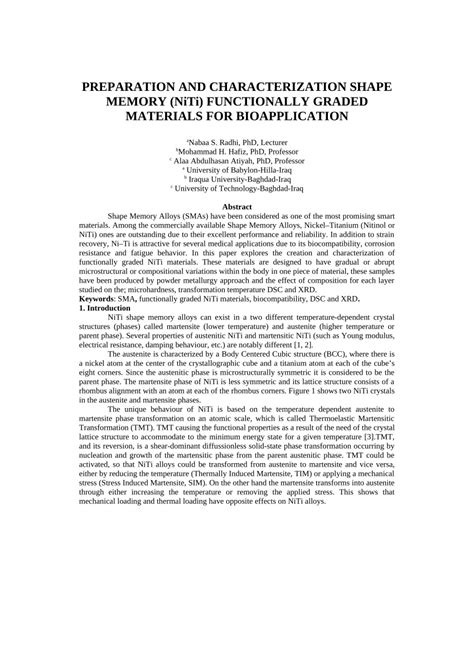Pdf Preparation And Characterization Shape Memory Niti Functionally
