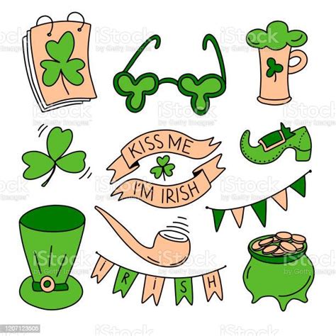 손으로 그린 낙서 세트 세인트 패트릭의 날 색상 기호 맥주 머그잔 클로버 리본 안경 키스 나 레프러 콘 모자 금화 벡터