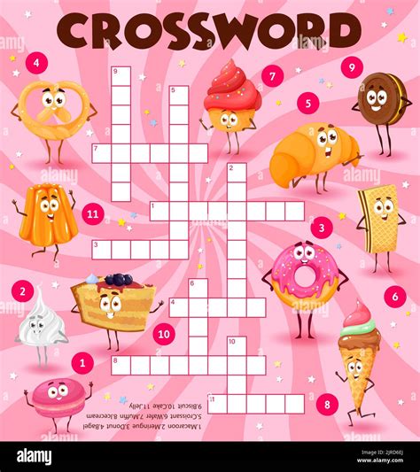 Cartoon Bakery Sweets And Dessert Characters Crossword Puzzle Game Grid Find A Word Quiz
