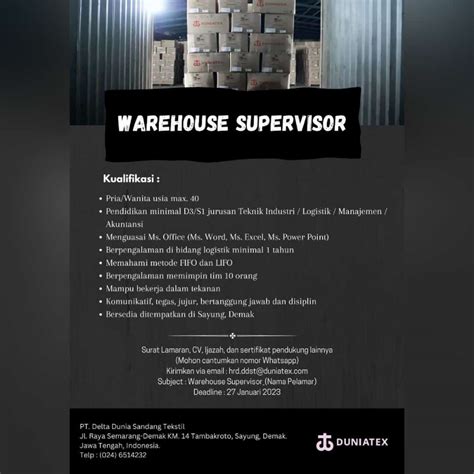Warehouse Supervisor Duniatex Scu