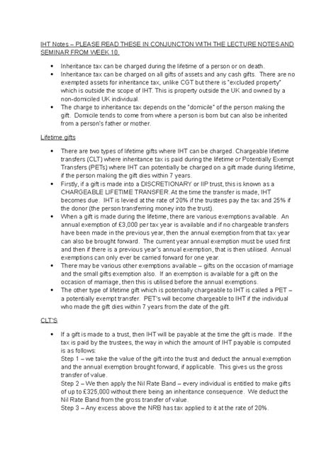IHT Additional Notes IHT Notes PLEASE READ THESE IN CONJUNCTON WITH THE LECTURE NOTES AND