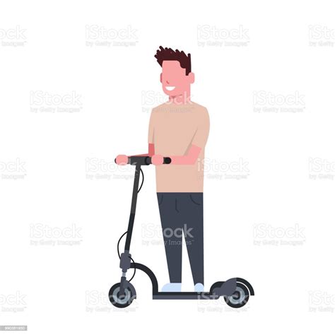 전기를 타고 남자는 흰색 배경 위에 스쿠터를 걷어 차 만화 전체 길이 문자입니다 평면 스타일 모터 스쿠터에 대한 스톡 벡터 아트