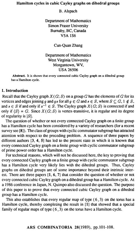 Pdf Hamilton Cycles In Cubic Cayley Graphs On Dihedral Groups