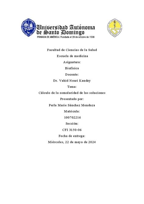 Cálculo De Osmolaridad Plasmática Biofísica Cfi 3150 Final Exam Studocu