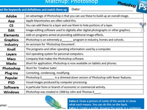 Adobe Photoshop Keywords Matchup Ict Computing Starter Keywords Activity Keywords Ks3 Gcse Cover