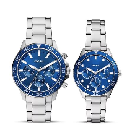 Fossil His And Hers Bannon Multifunction Blue Dial Watch Box Set Bq2828set
