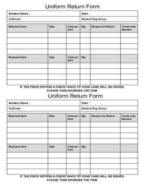 Uniform Return Form Blank Fillable Template Fill Out Print