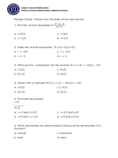 Pretest 2 Rational Functions Pdf Asymptote Discrete Mathematics