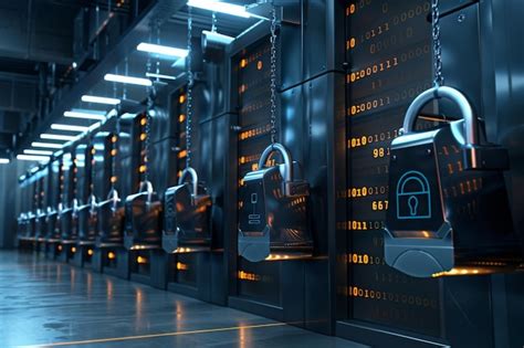 Highdensity Server Racks With Glowing Locks Showcasing Highlevel Security Measures In Tech Envir