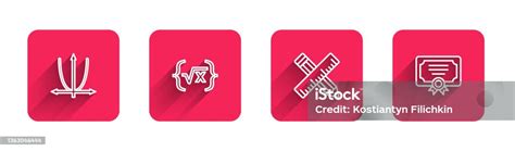 줄 그래프 일정 차트 다이어그램 X 글리프의 정사각형 루트 교차 된 눈금자 및 연필 및 긴 그림자인증서 템플릿을 설정합니다 빨간색 사각형 버튼입니다 벡터 0명에 대한 스톡