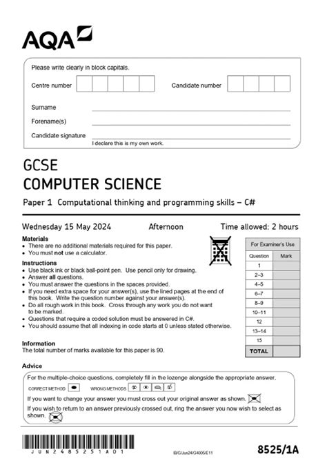 2024 Aqa Gcse Computer Science Paper 1 Computational Thinking And Programming Skills C