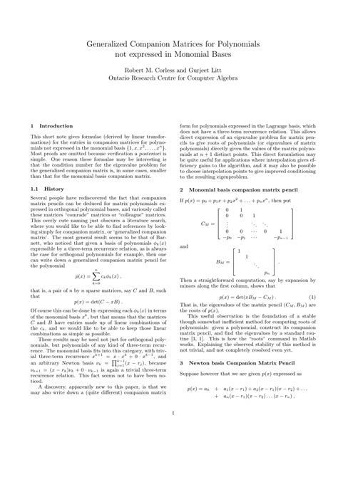 Pdf Generalized Companion Matrices For Polynomials Not Expressed In