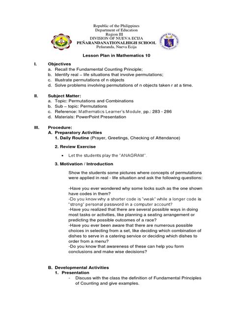 Lessonplaninmathematics10permutations 1 Pdf Permutation Teaching Mathematics