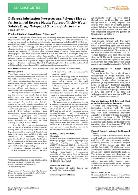 Pdf Extended Release Oral Matrix Formulations Of Metoprolol Succinate Development And In