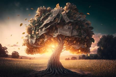 Premium AI Image Money Growing On Tree Concept Money Tree Or Cash Tree With Dollars At Sunset