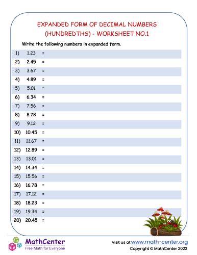 Expanded Form Of Decimal Numbers Hundredths Worksheet No1 Expanded Form Of Decimal Numbers Hundredths Worksheet No1