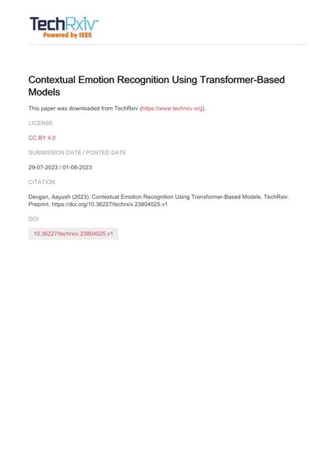 PDF Contextual Emotion Recognition Using Transformer Based Models