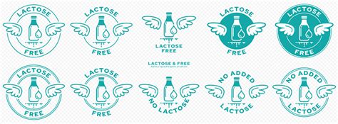 개념 우표 라벨링 유당 무료 날개와 우유 병과 우유 방울 아이콘이있는 브랜드는 유당 우유 설탕에서 자유의 상징입니다 벡터 집합 라벨에 대한 스톡 벡터 아트 및 기타 이미지