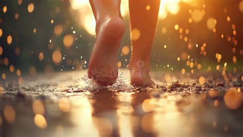 Bare Feet Splash Playfully In A Sunlit Puddle Creating Joyful Water